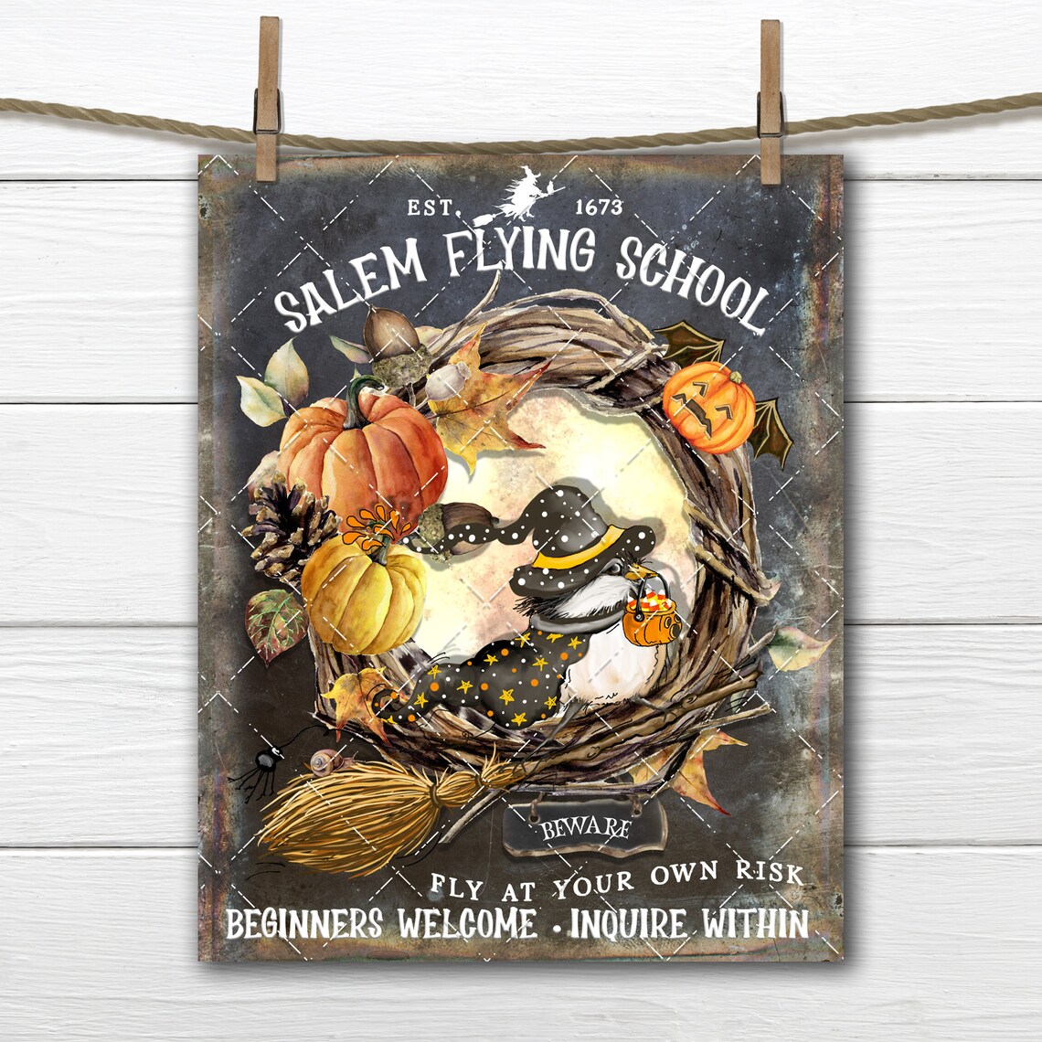 Salem Flying Lessons Cute Halloween Pumpkins Broomstick DIY Fall Sign ...