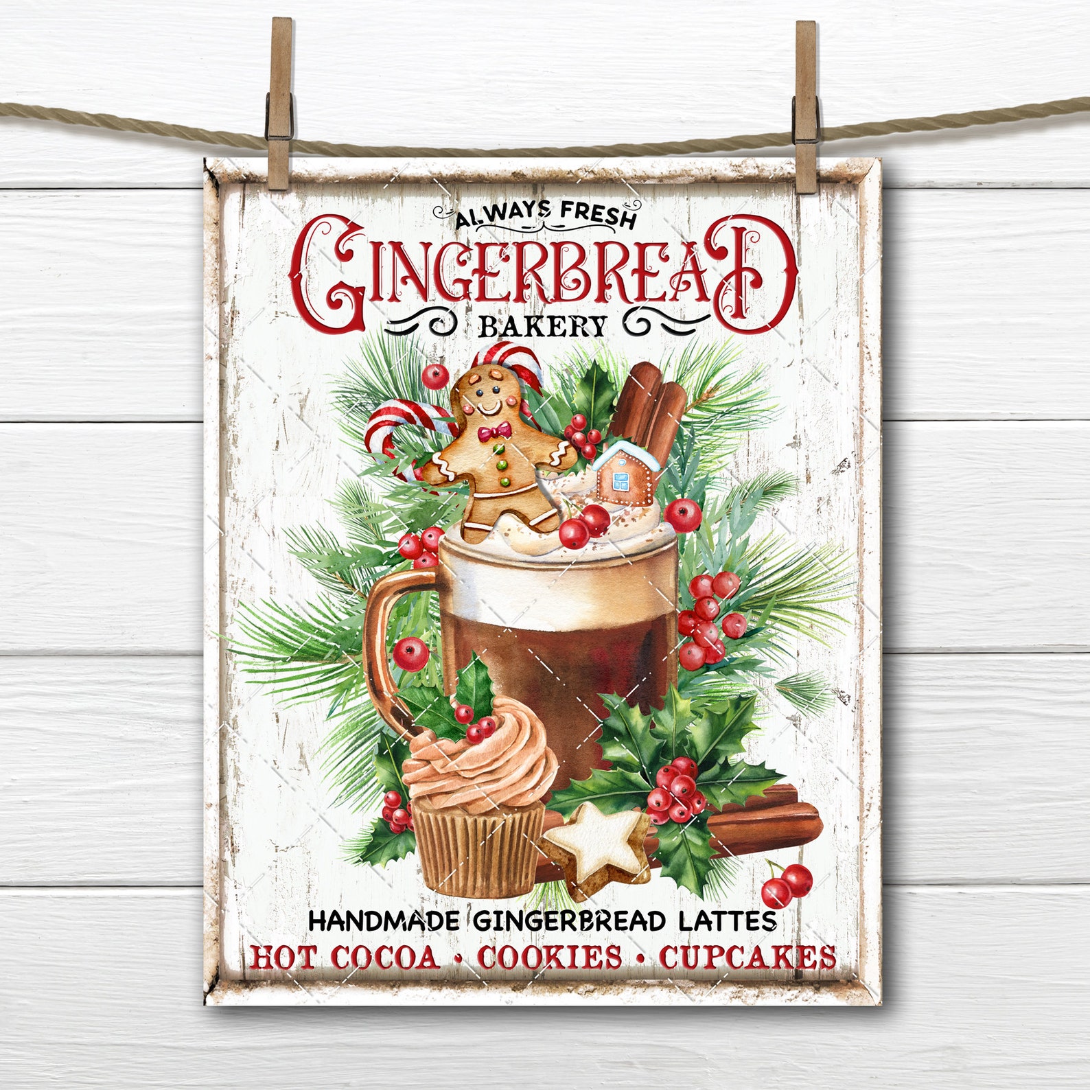Gingerbread Bakery DIY Christmas Sign, Winter Drink Cupcake Cocoa Holly ...