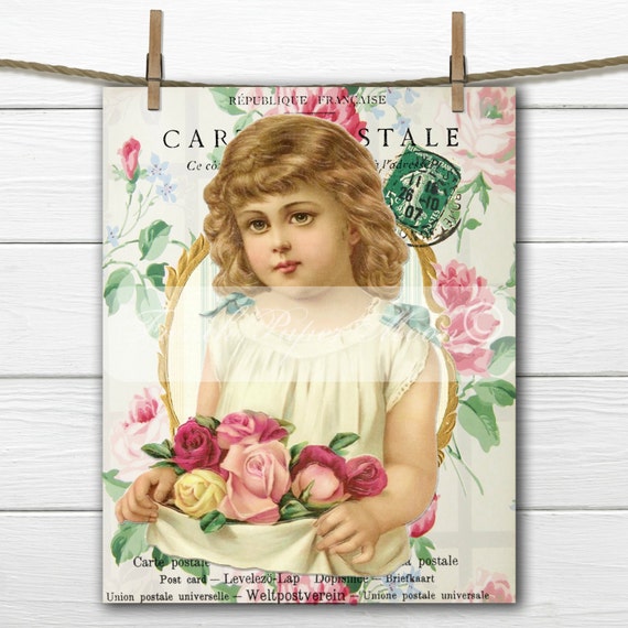 Shabby Chic Vintage Girl With Roses Adorable Digital - Etsy