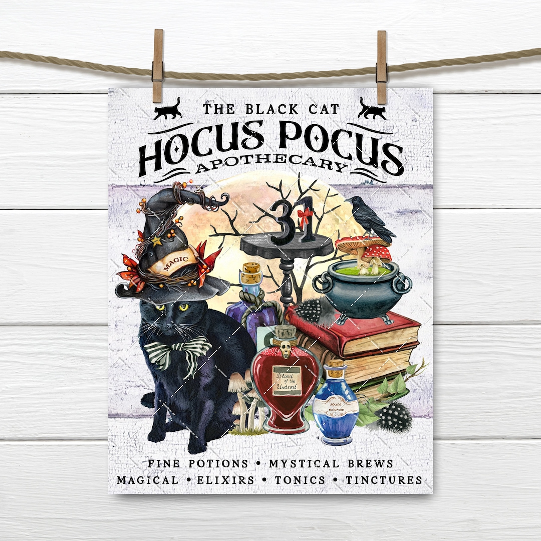 Halloween Black Cat Apothecary Hocus Pocus Magic Spells Cauldron ...