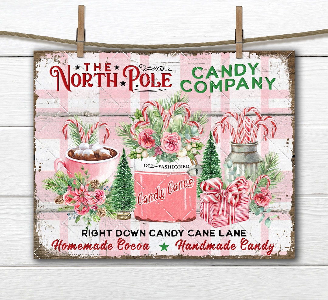North Pole Candy Cane Company Pink Christmas Cocoa Sweets Confectionary DIY Sign Making Digital ...