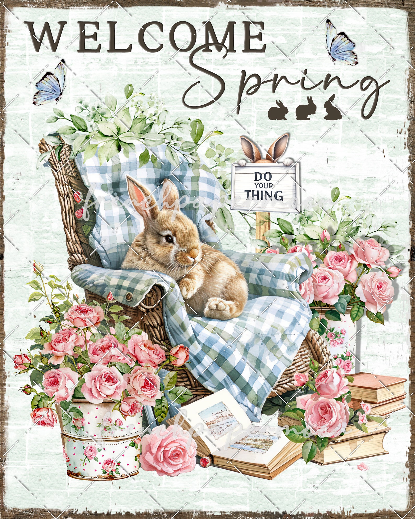 Welcome Spring Rose Garden Bunny DIY Sign DTF Transfer Digital Print ...