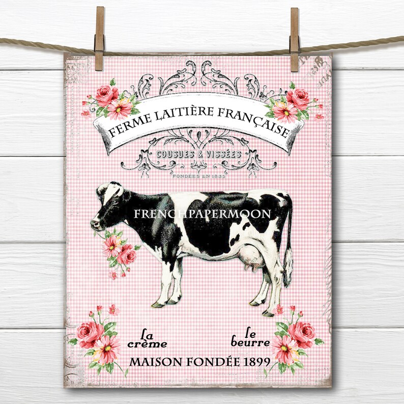 Shabby Digital French Cow Graphic French Dairy Flowers | Etsy