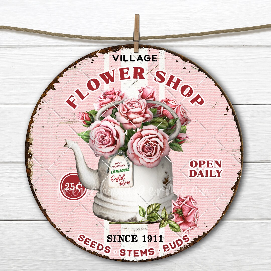 Flower Shop Cottage Rose 8x8" Round PNG Flower Shop Sign English Roses ...