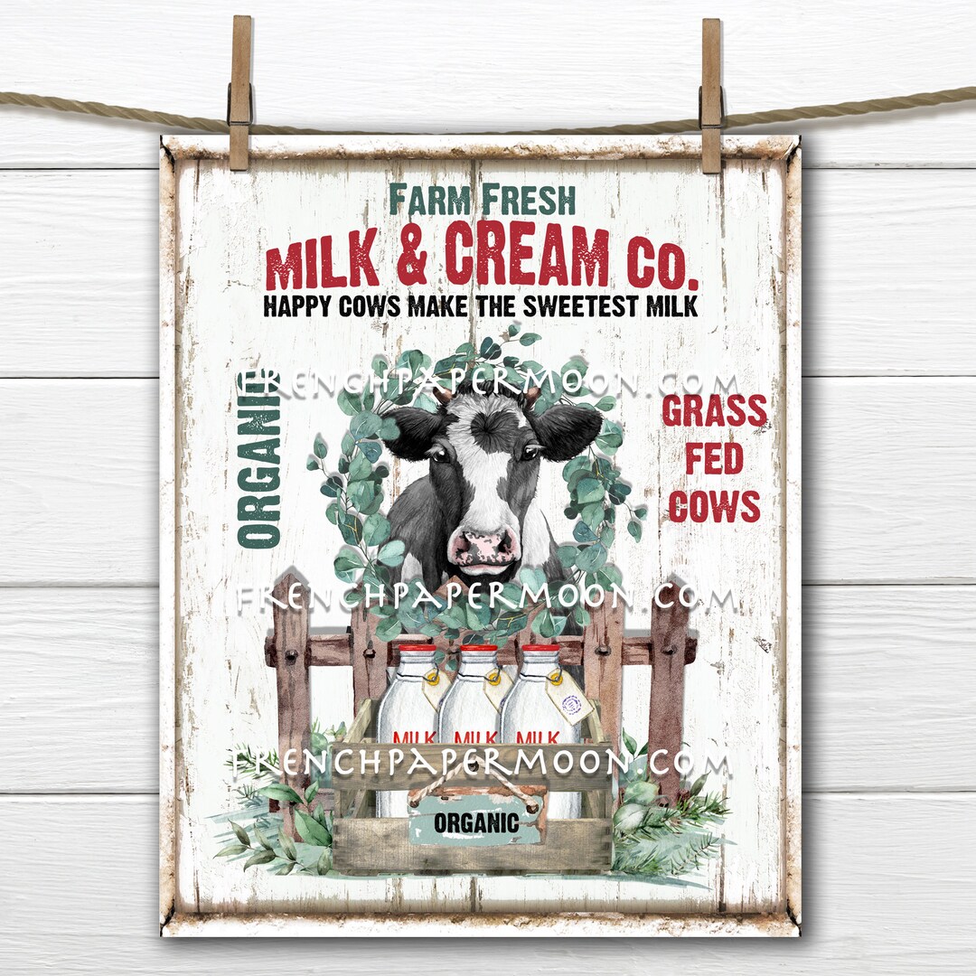 Farm Fresh Milk and Cream Cow Dairy Sign Modern Farmhouse Kitchen Wall ...