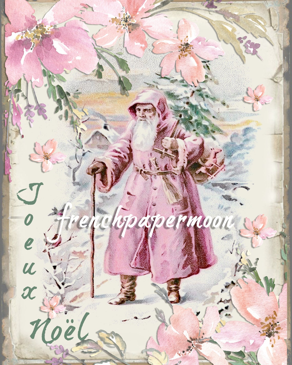 Shabby Pink Santa Printable, Pink Christmas Graphic, Watercolor Flowers ...