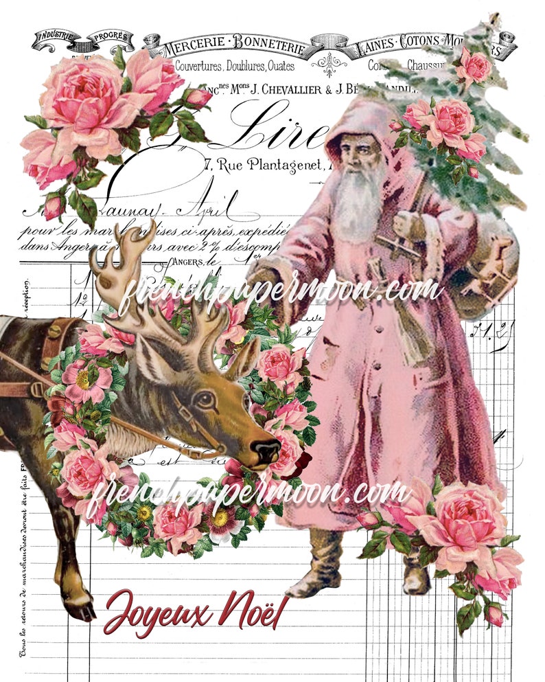 Shabby Pink Victorian Santa Claus Pink Santa Reindeer Rose - Etsy