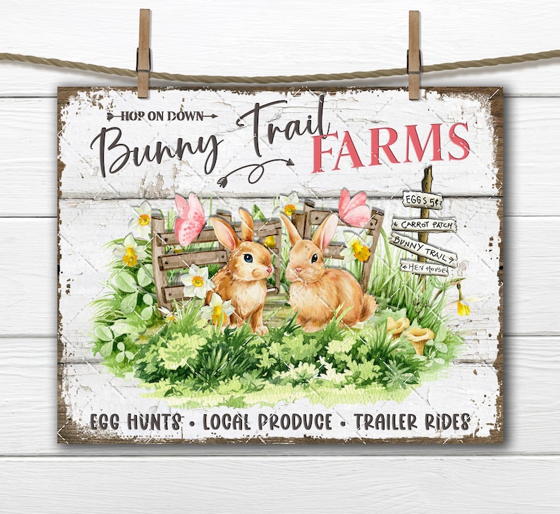 Bunny Farm Cute Easter Rabbits Meadow Daffodils DIY Sign Making Fabric ...