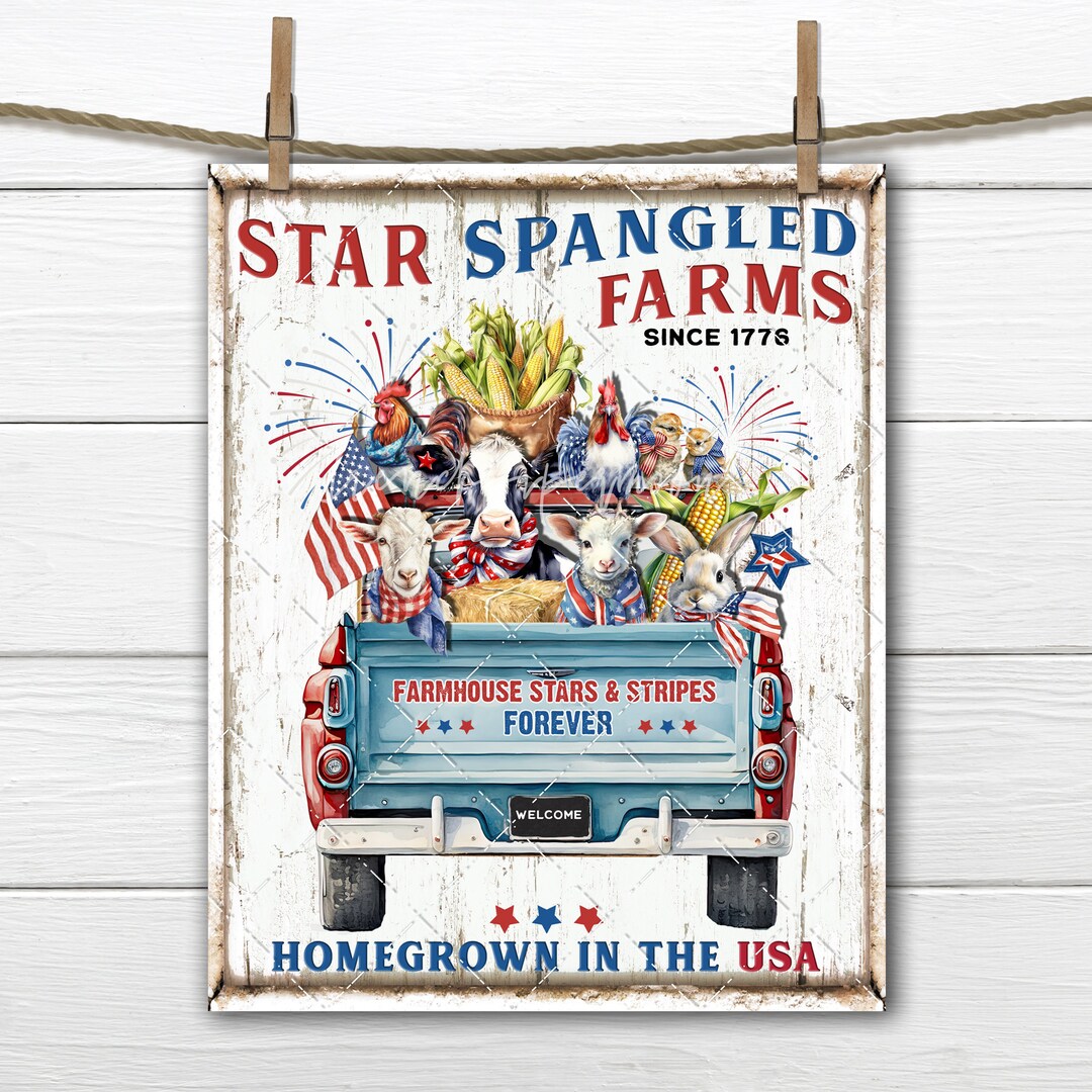 Patriotic Farmhouse Truck 4th of July Farm Animal Red White Blue Stars ...