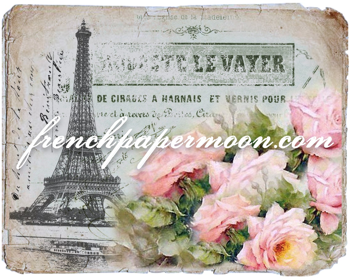 Vintage Digital Paris Postcard Shabby Rose Eiffel Tower - Etsy