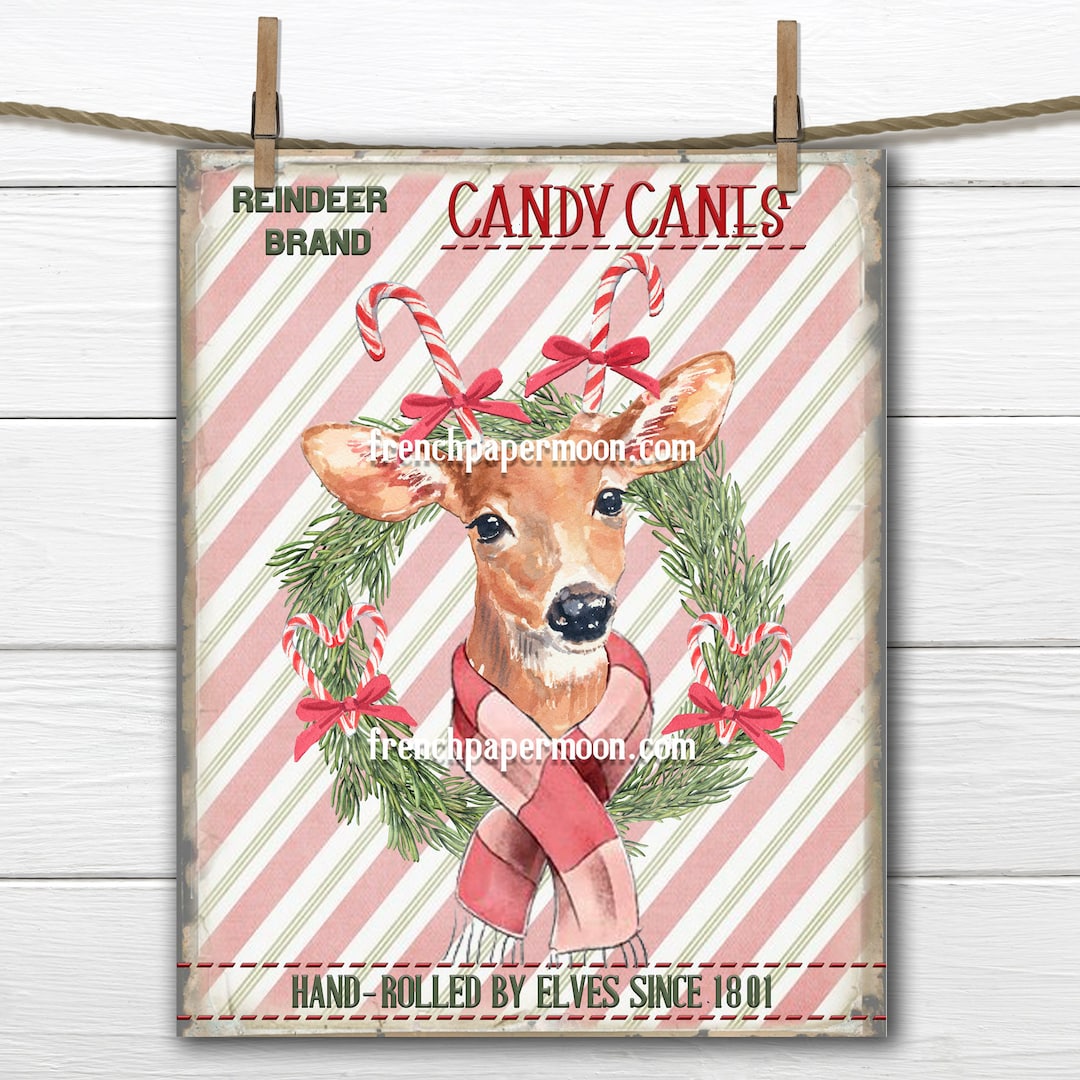 Adorable Christmas Reindeer, Candy Cane, Pink Xmas Print, Baby Deer ...