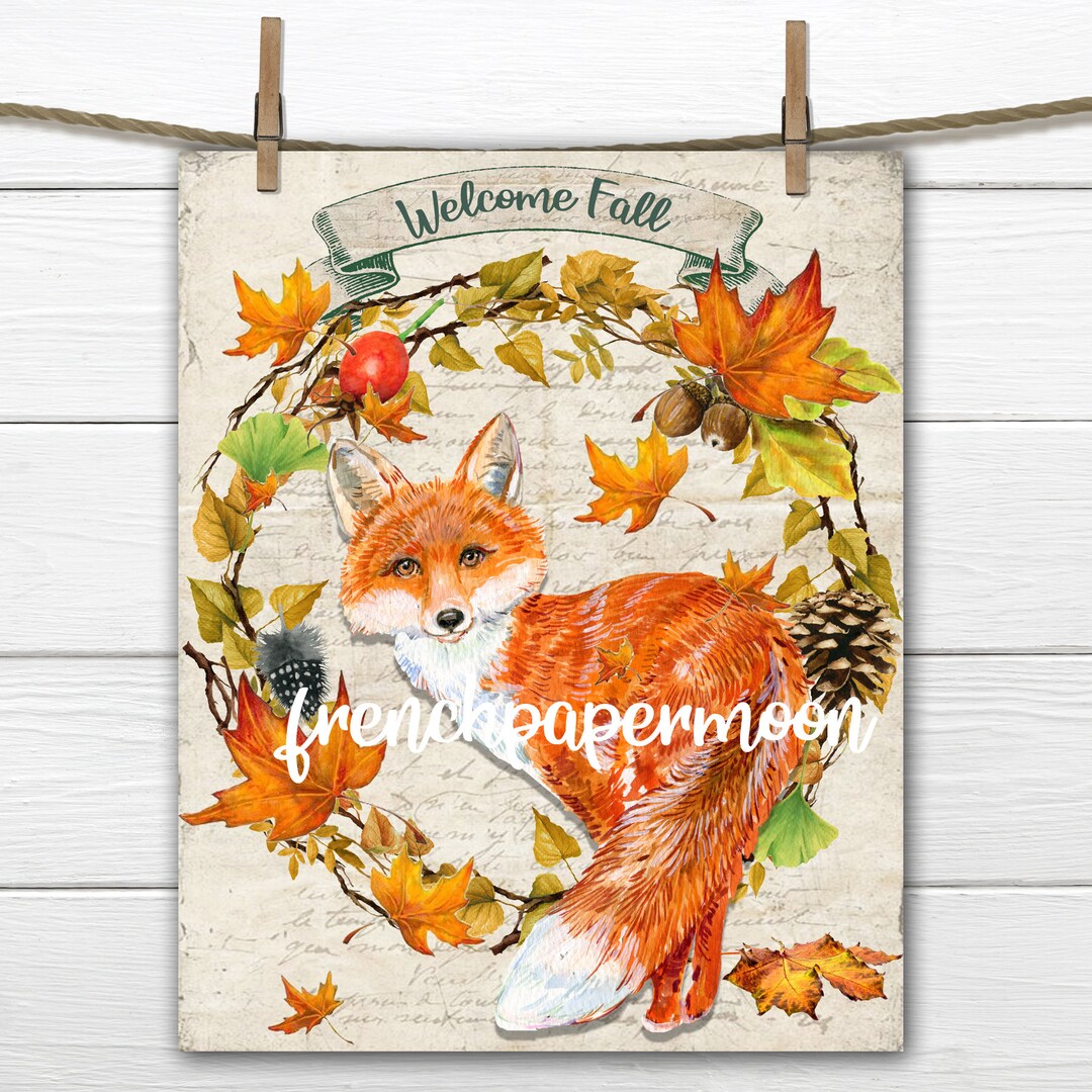 Cute Red Fox Digital Art Print, Welcome Fall DIY Sign, Autumn Wreath ...