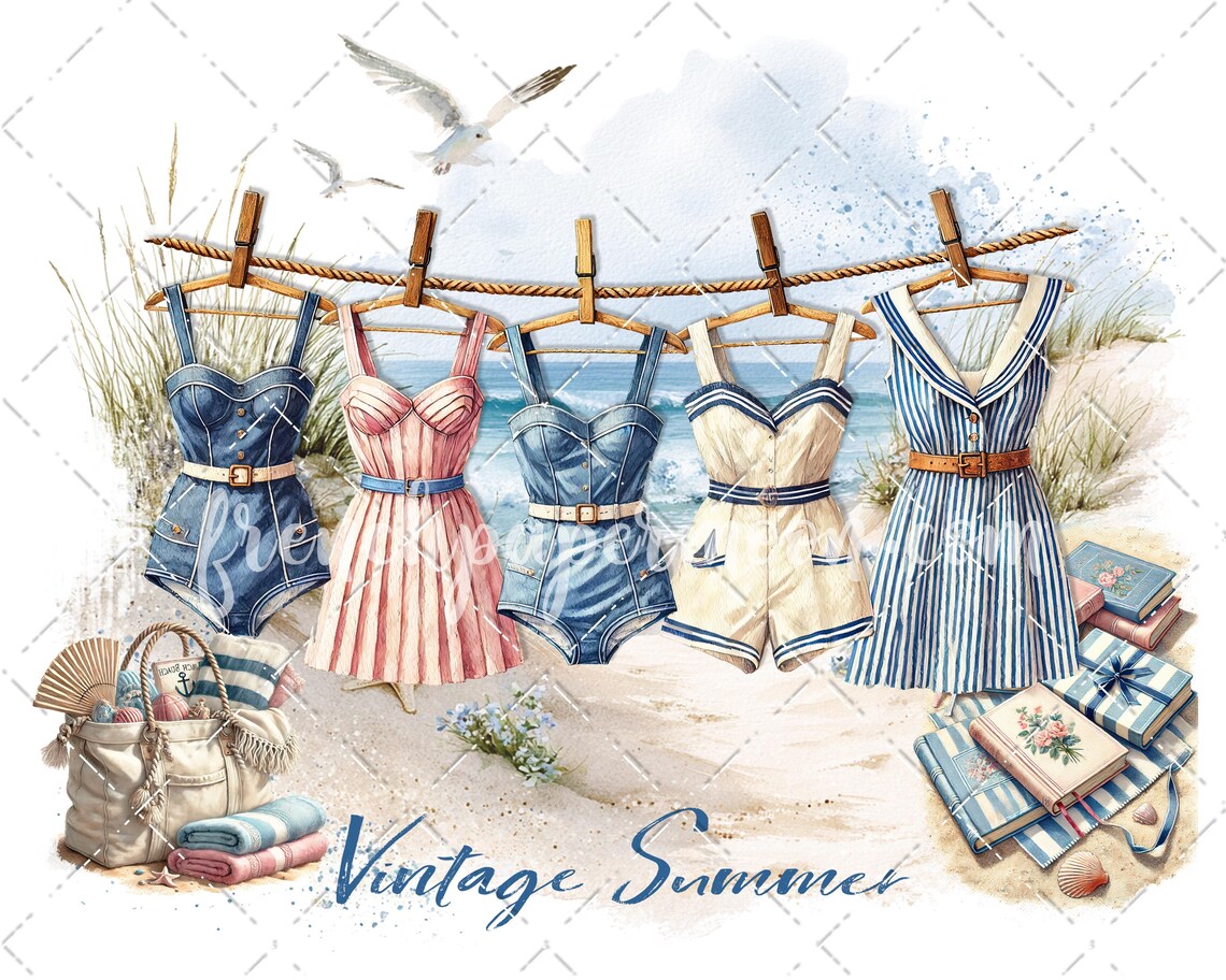 Vintage Summer Swimsuit Digital, Old-fashioned Beach, Retro Swim ...