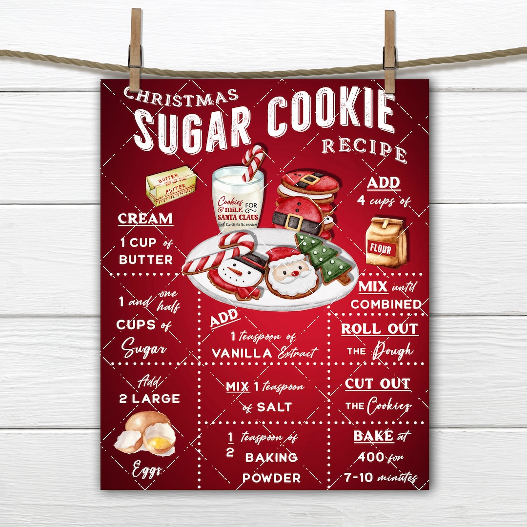 Christmas Sugar Cookie Recipe Digital Print Cookies and Milk DIY Sign ...