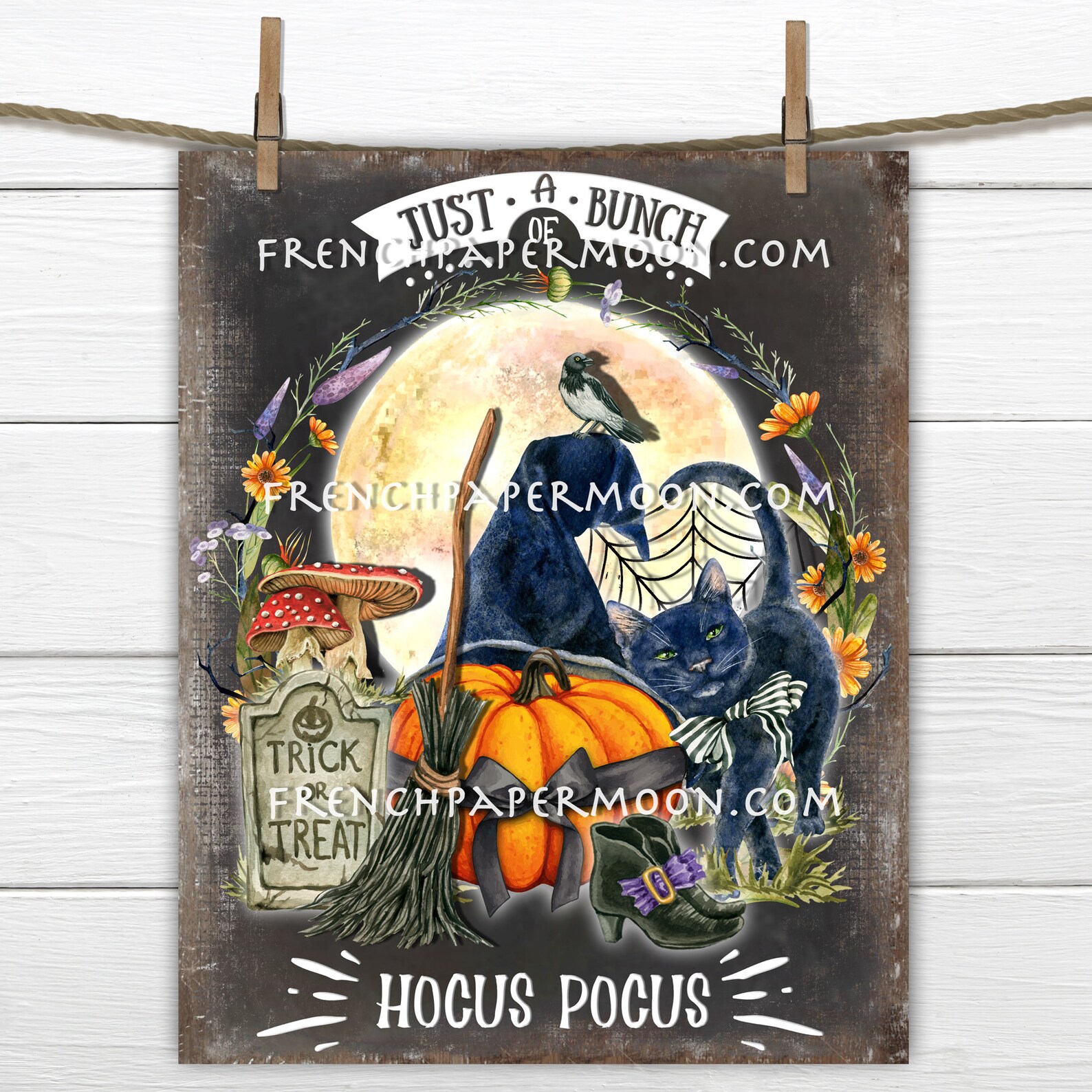 Halloween Black Cat, Hocus Pocus, Moon, Witch Broom, Digital, Cute Fall ...