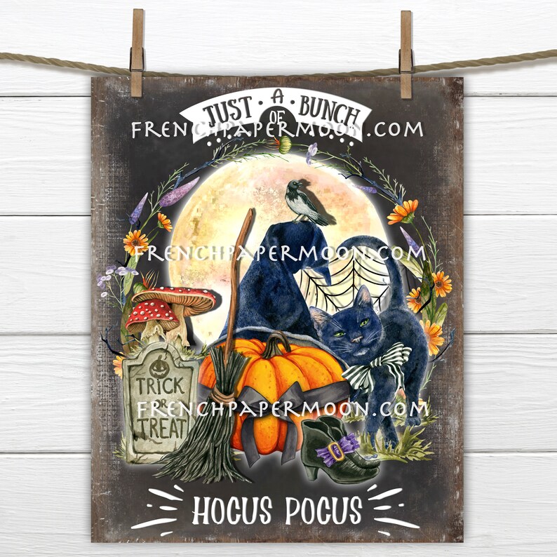 Halloween Black Cat Hocus Pocus Moon Witch Broom Digital | Etsy