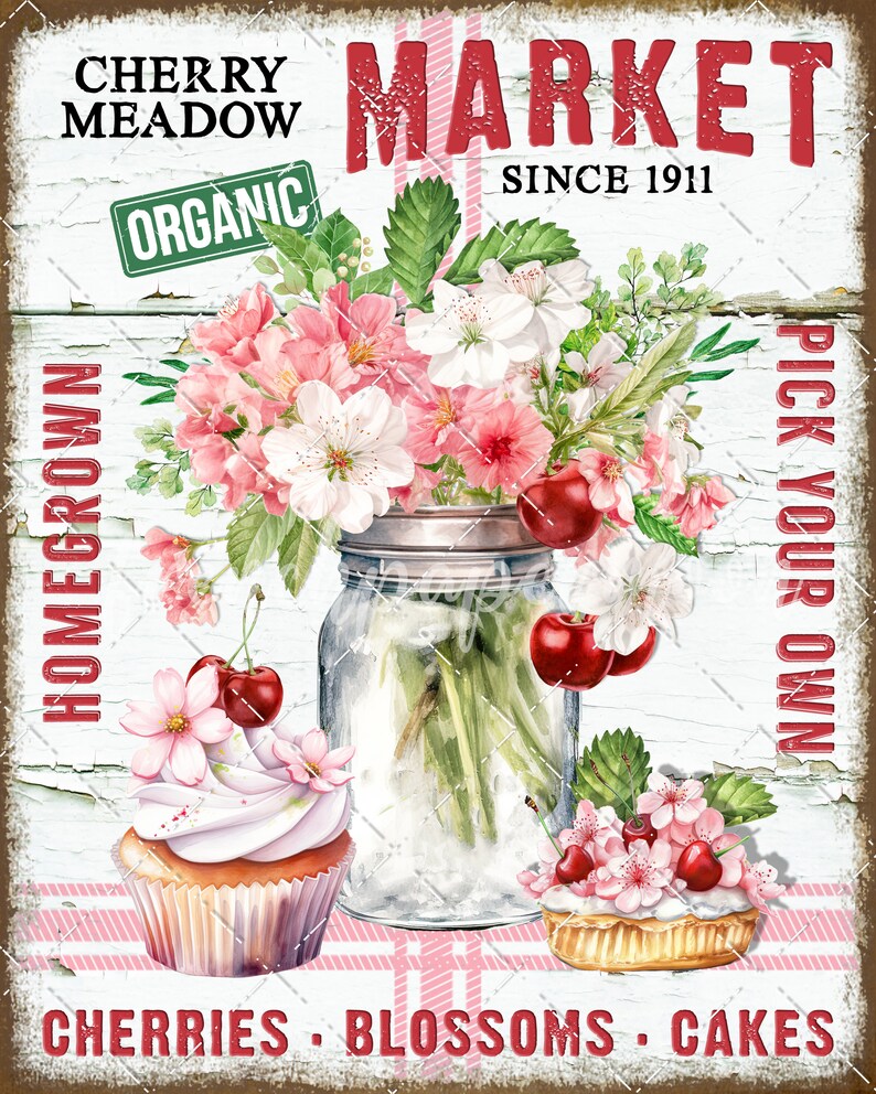 Cherry Market Farm Fresh Cherries Flowers Mason Jar Sakura DIY Sign ...