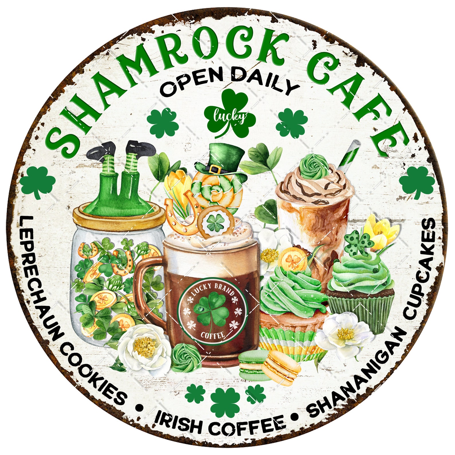 Shamrock Cafe Irish Coffee Circle Sublimation Cupcakes Gold Coins ...