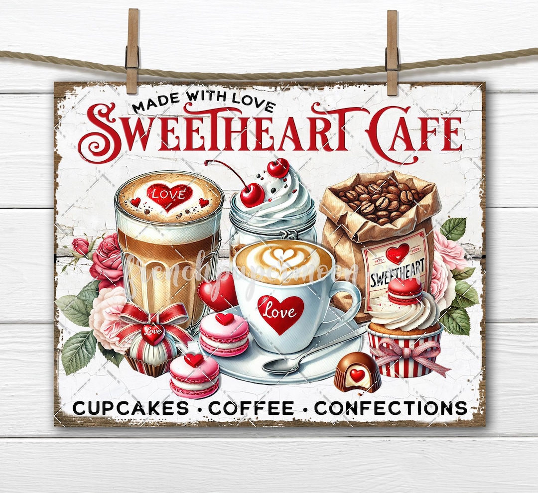 Valentine Sweetheart Cafe Digital PNG Cafe Latte Confectionary Macarons ...