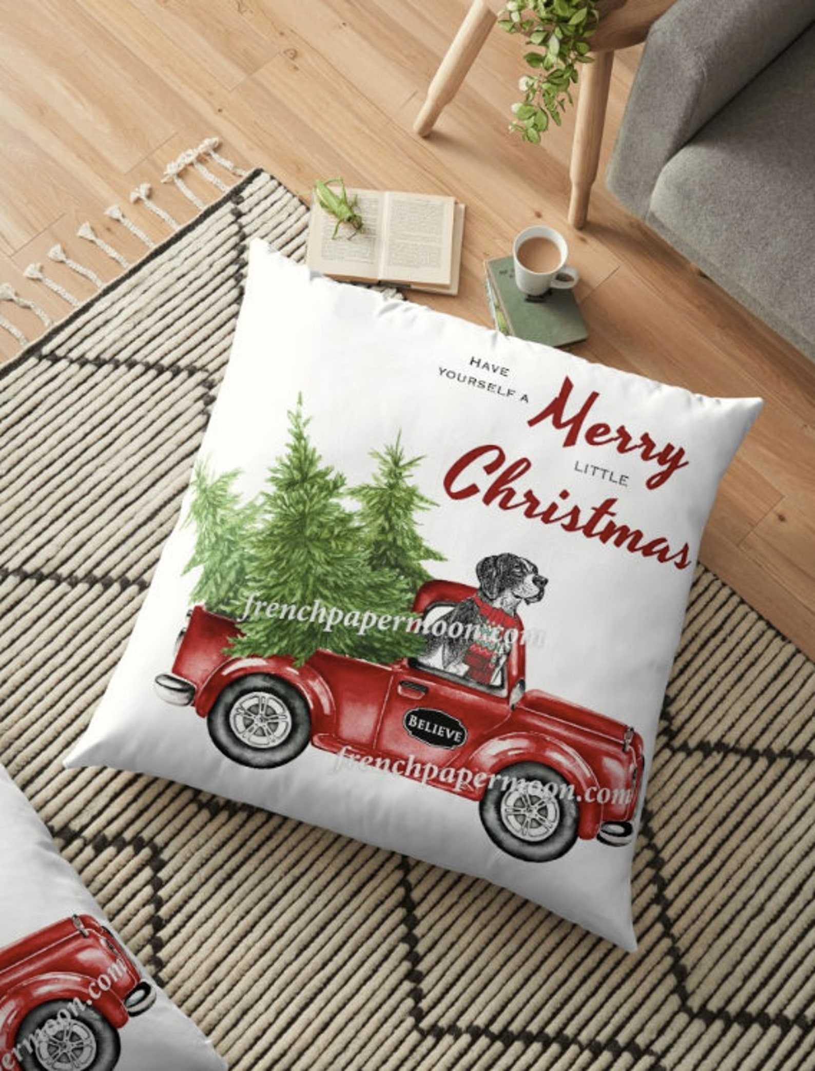 Christmas Truck With Dog, Doggie Xmas, Red Pickup Truck, Dog Lover ...