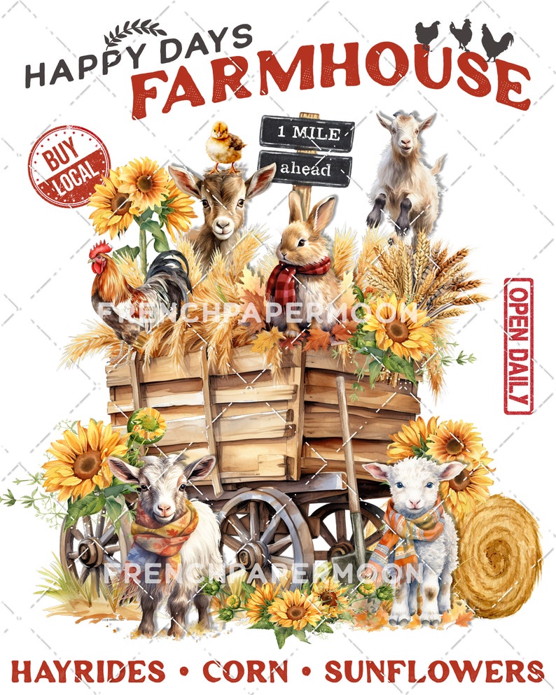 Fall Farmhouse Wagon Cute Farm Animals Hayrides Sunflowers Wheat DIY ...