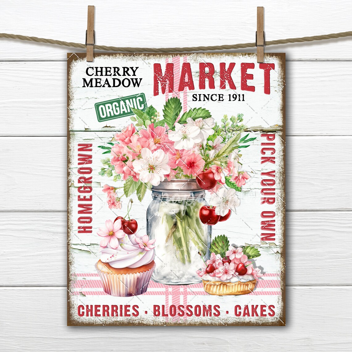 Cherry Market Farm Fresh Cherries Flowers Mason Jar Sakura DIY Sign ...