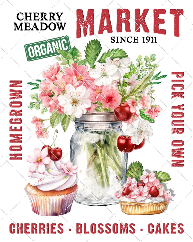 Cherry Market Farm Fresh Cherries Flowers Mason Jar Sakura DIY Sign ...