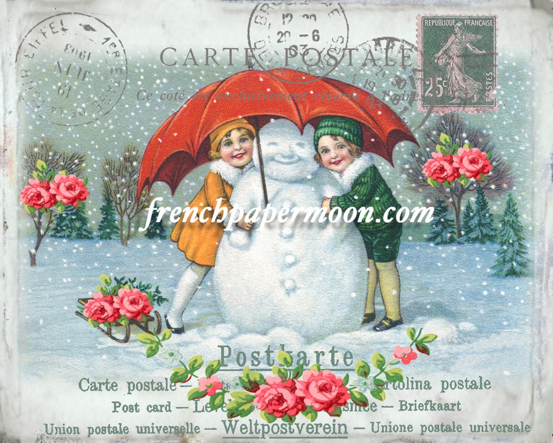 Vintage Snowman Digital Winter Postcard, Shabby Snowman Printable ...