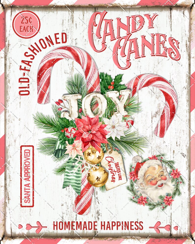 Candy Cane Santa Christmas Floral Jingle Bell Print DIY Sign - Etsy