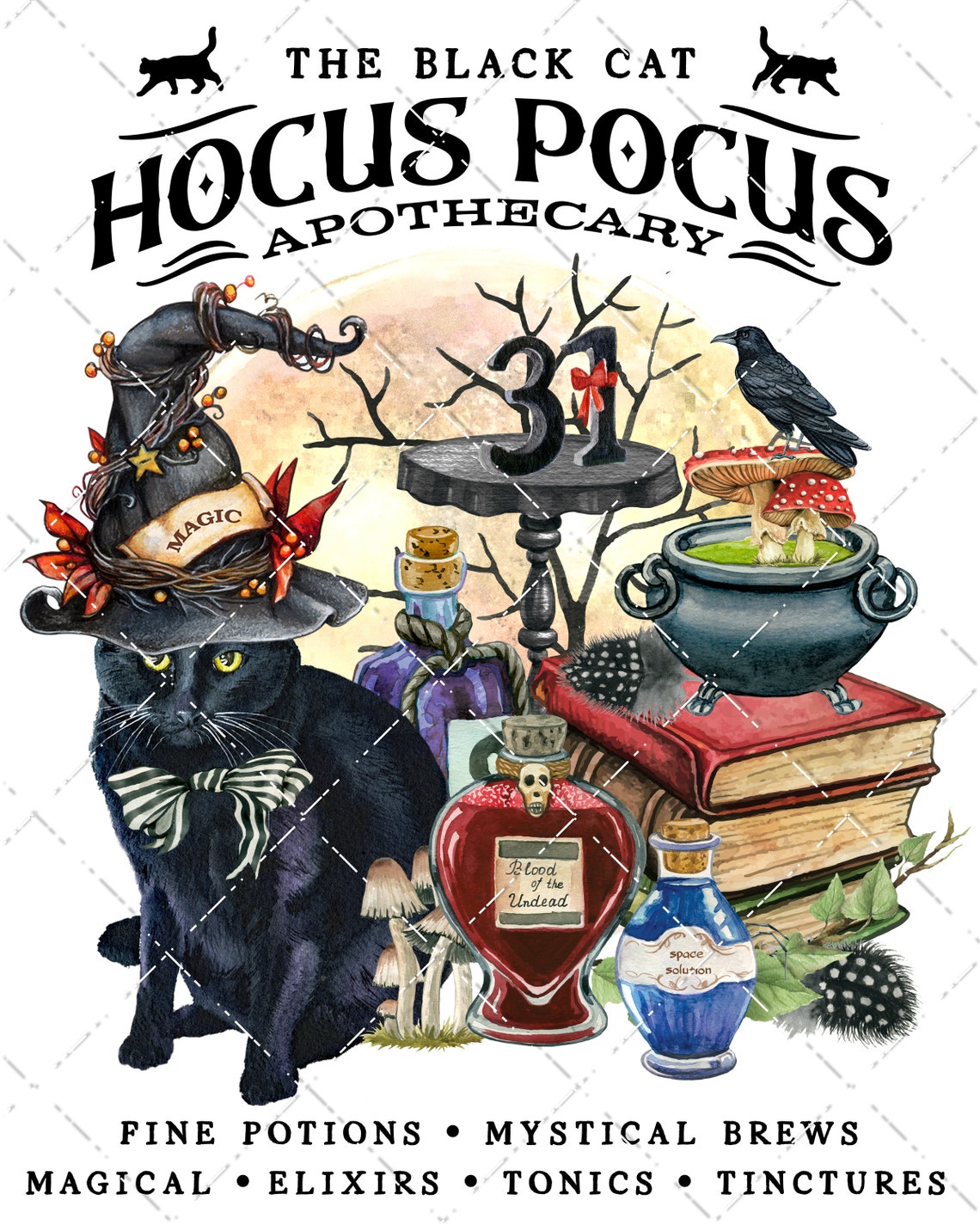 Halloween Black Cat Apothecary Hocus Pocus Magic Spells Cauldron ...