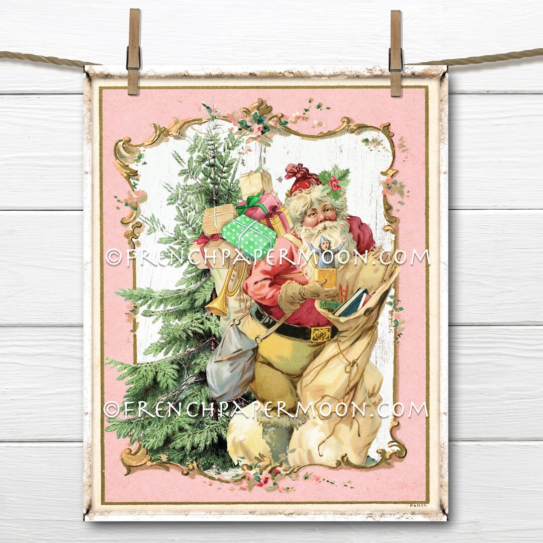 Shabby Pink Santa Digital, Victorian Santa, Wall Decor, Christmas Card ...