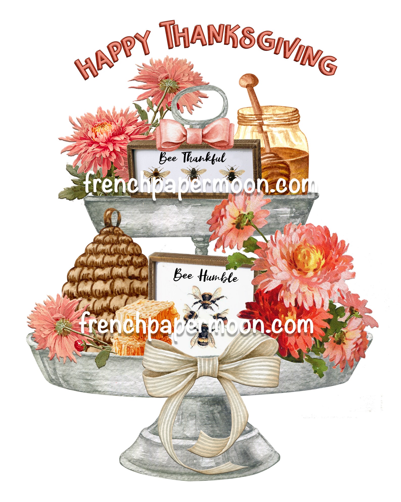 Thanksgiving Tiered Tray Digital, Bee Thankful, Bees, Flowers, Honey ...