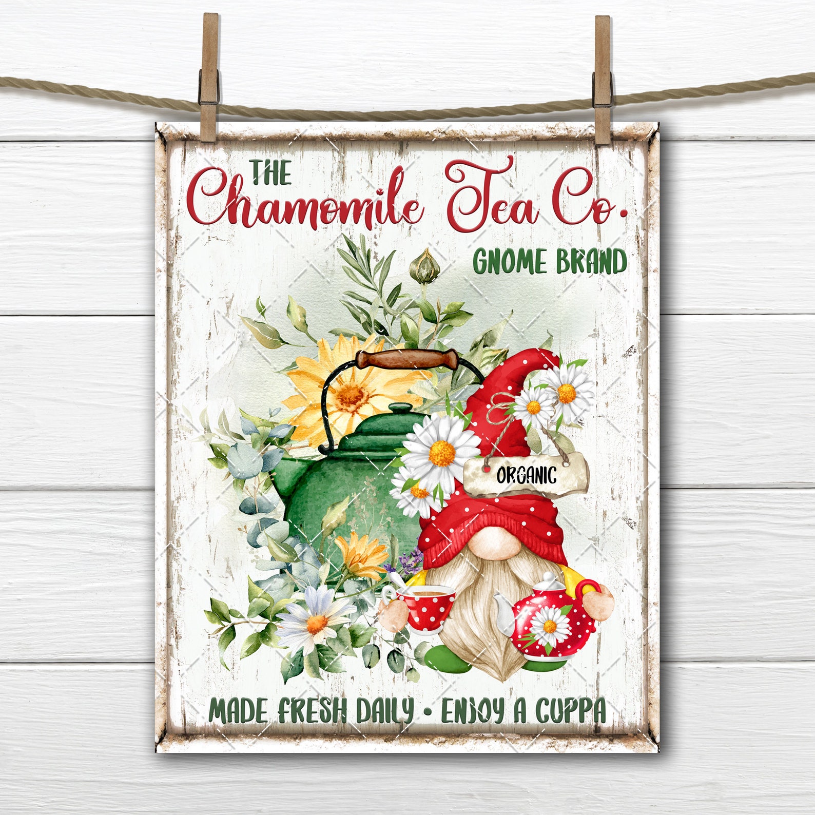 Tea Gnome DIY Sign, Chamomile Tea, Herb Tea, Summer, Gnome With Teapot ...