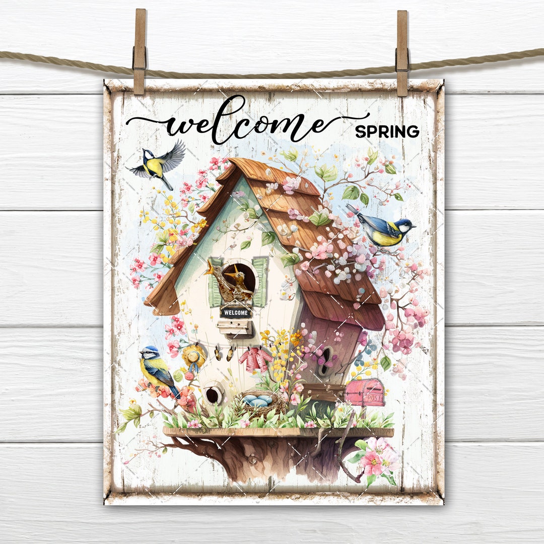 Welcome Spring Birdhouse Bluebirds Spring Flowers Shabby Farmhouse DIY ...