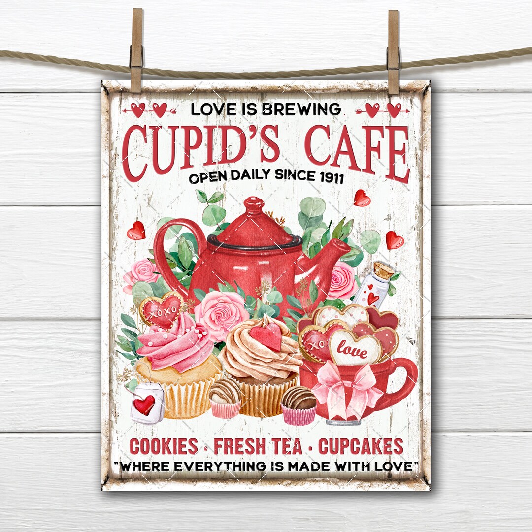 Love is Brewing Cupid's Cafe Valentine Teapot Cupcakes Roses Cookies ...