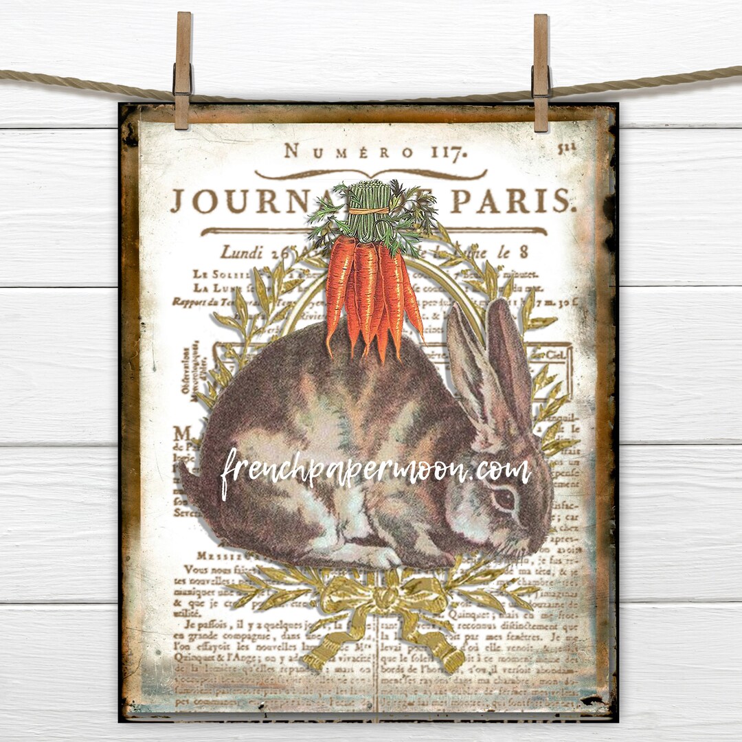 Vintage Bunny Rabbit Printable Digital, Farmhouse Bunny, French Script ...