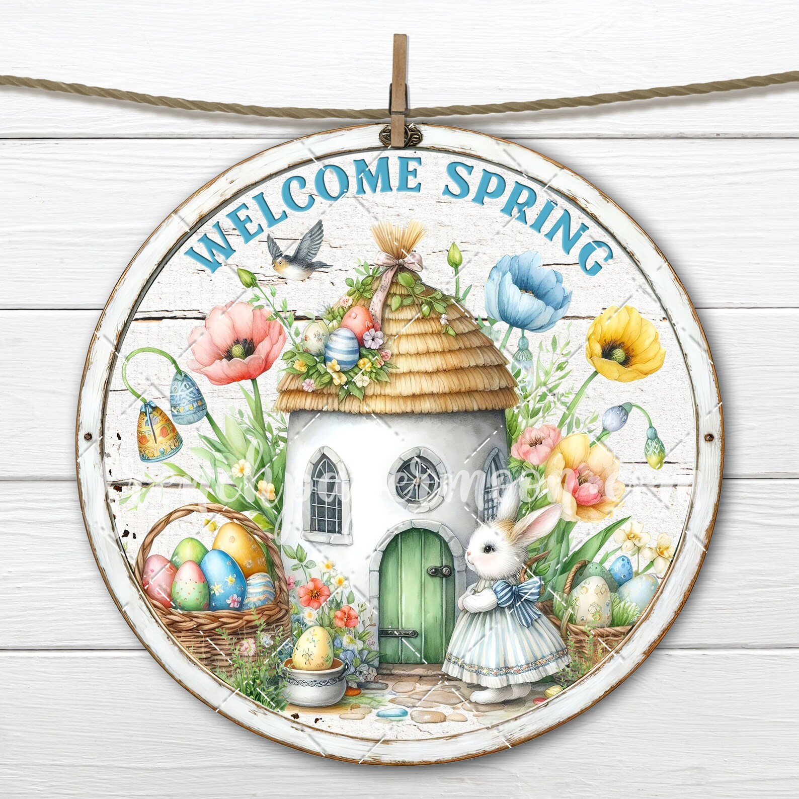 Welcome Spring Whimsical Bunny House Flowers Eggs DIY Sign DTF Transfer ...