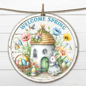 Welcome Spring Whimsical Bunny House Flowers Eggs DIY Sign DTF Transfer ...