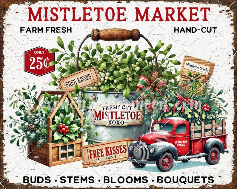 Rustic Farmhouse Christmas Market Mistletoe PNG Sublimation DIY Digital ...