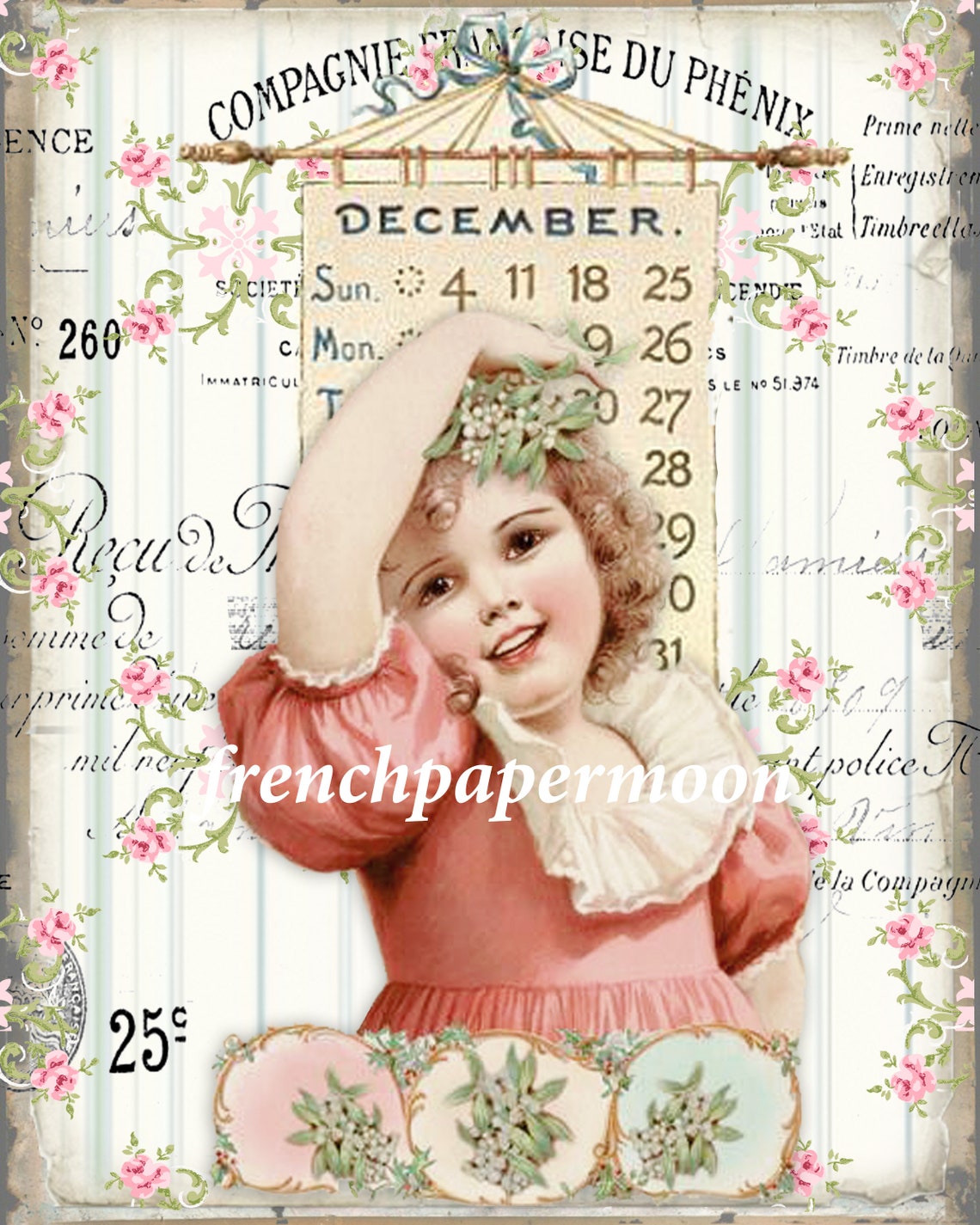Victorian December Calendar Girl Shabby Christmas Mistletoe | Etsy