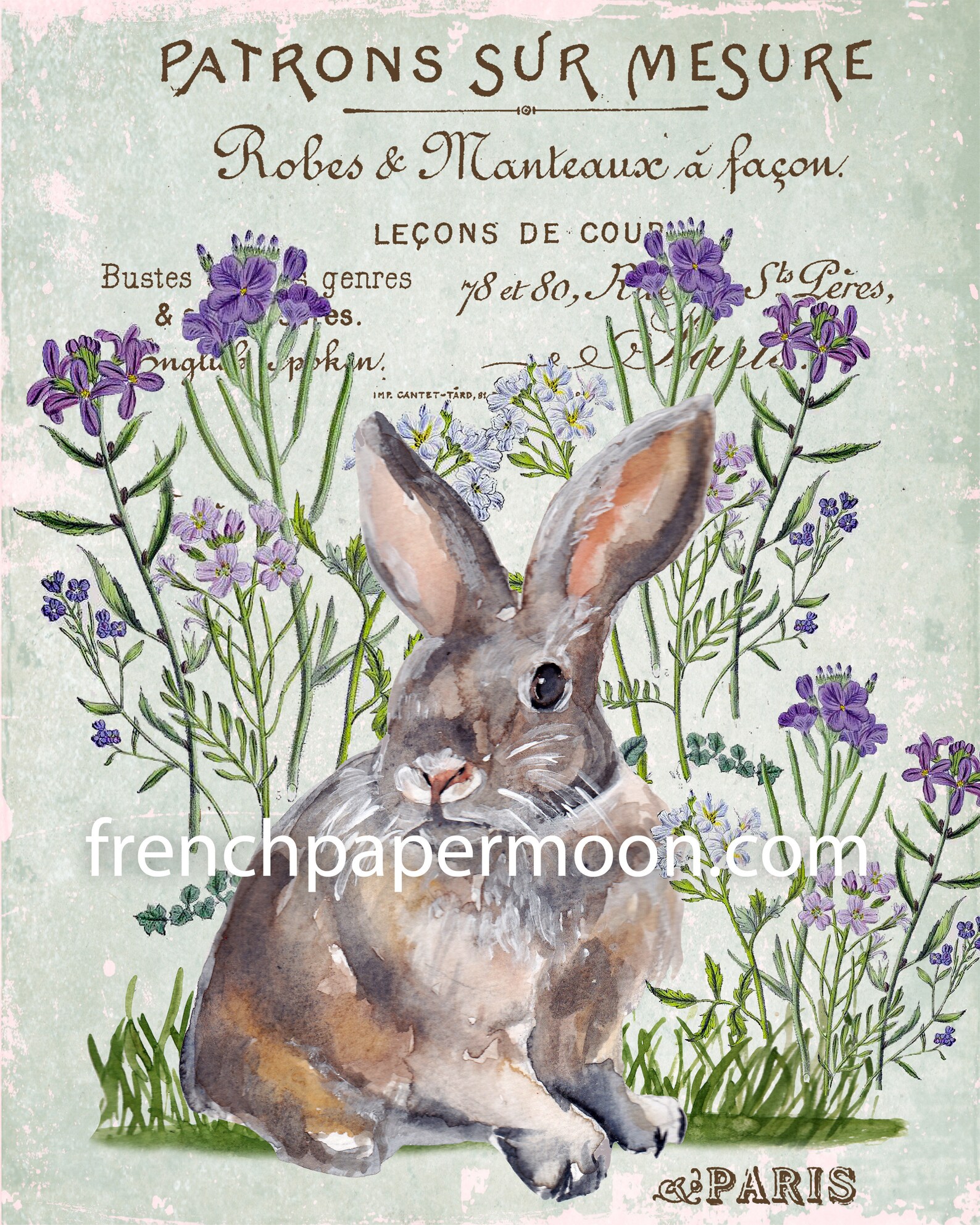 French Bunny Rabbit, Easter Bunny Printable, Vintage Wildflowers ...