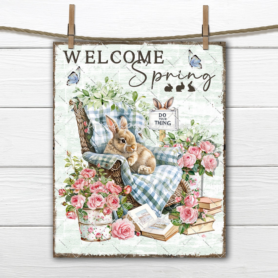 Welcome Spring Rose Garden Bunny DIY Sign DTF Transfer Digital Print ...