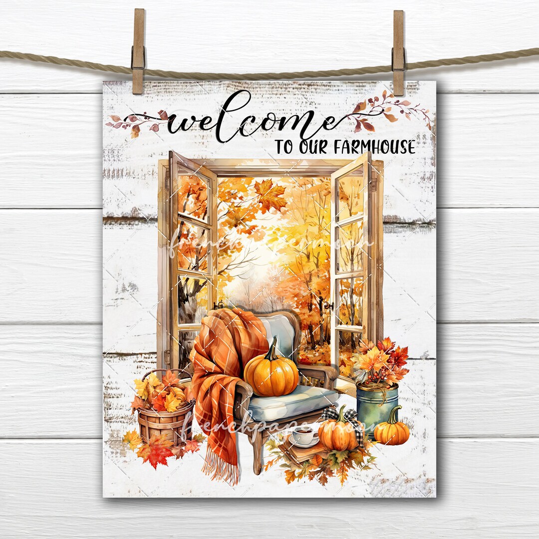 Fall Farmhouse Welcome Cozy Autumn Window Leaves Pumpkin Blanket DIY ...