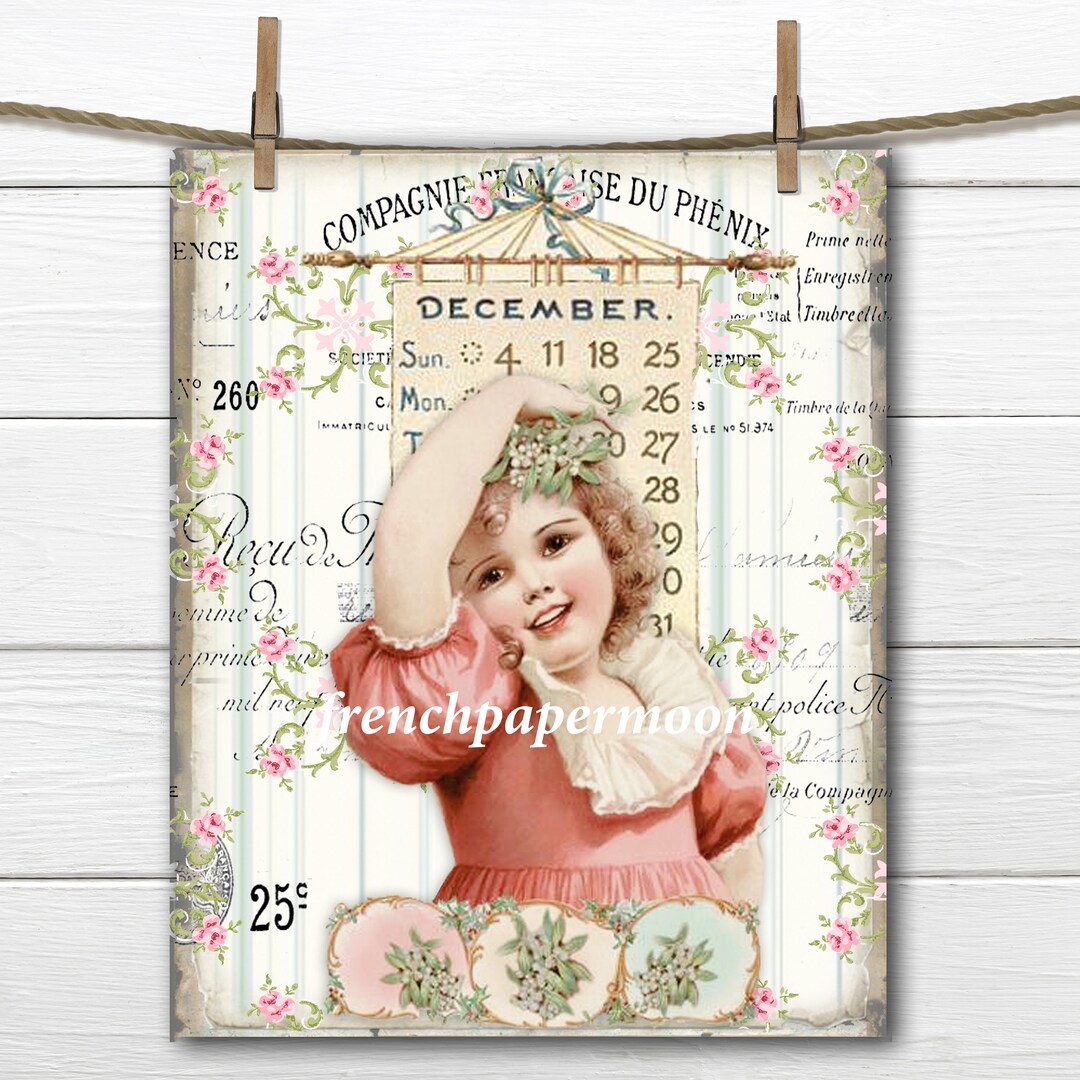 Victorian December Calendar Girl, Shabby Christmas, Mistletoe, Xmas ...