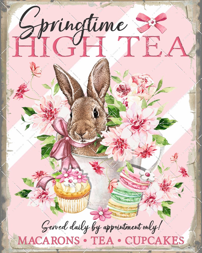 Cute Spring High Tea DIY Sign, Bunny in a Cup, Flower Bunny, Macarons ...