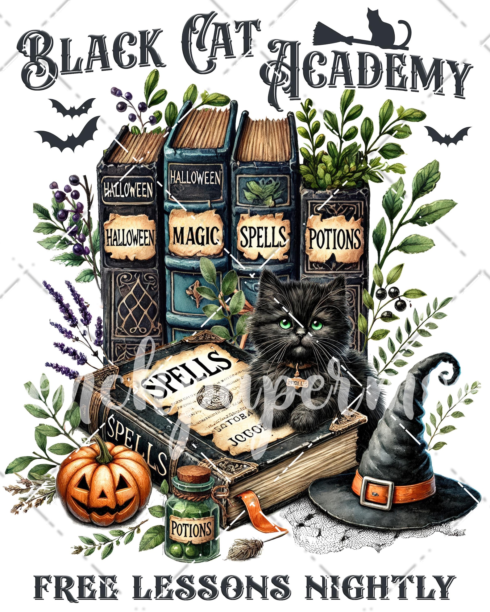 Halloween Black Cat Spellbooks Academy Digital PNG Printable ...