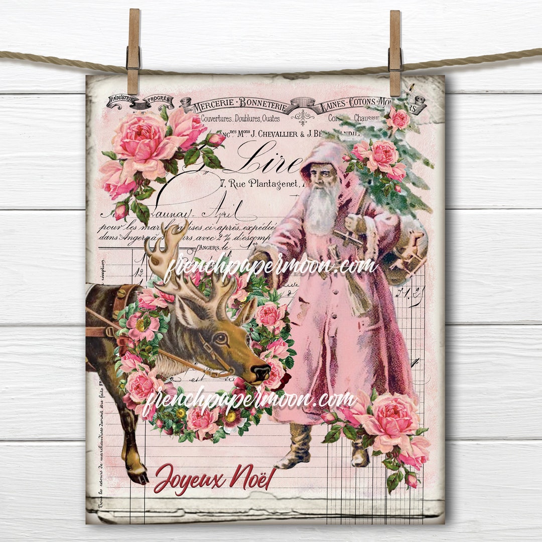 Shabby Pink Victorian Santa Claus, Pink Santa, Reindeer, Rose Wreath ...