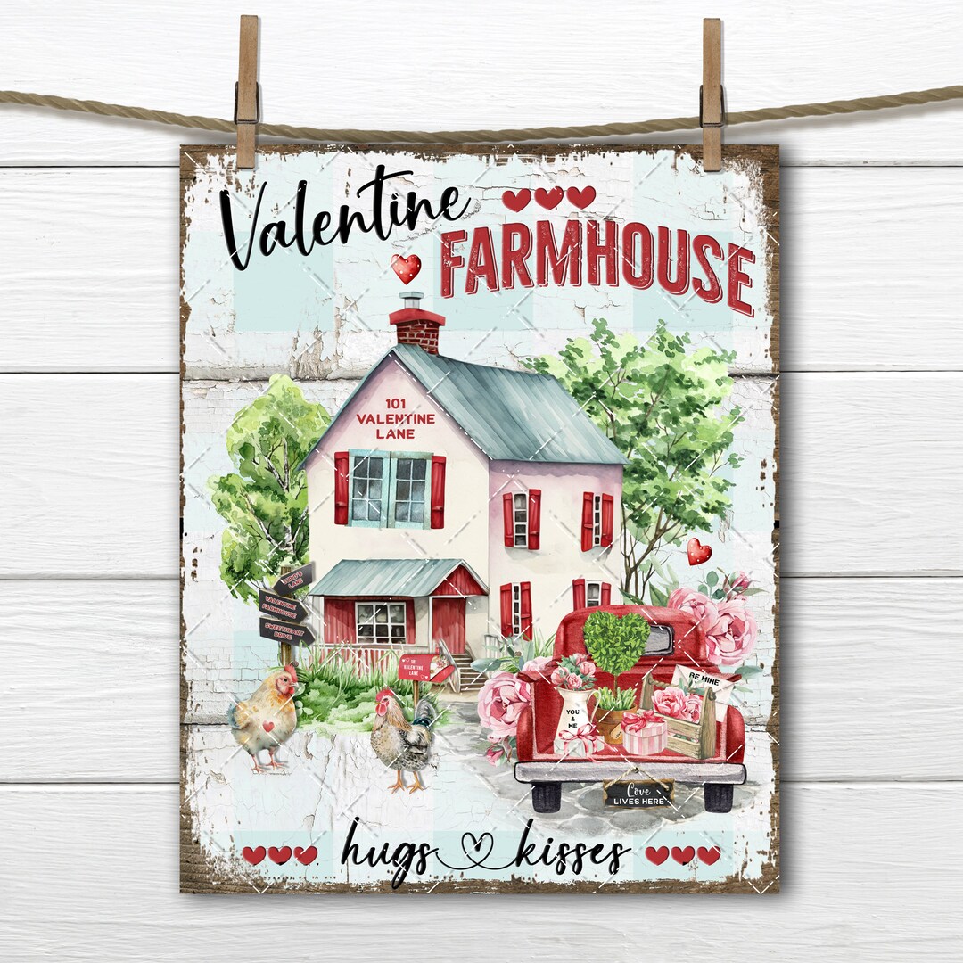 Farmhouse Valentine Retro Farm Cottage Chickens Truck Flowers Digital ...