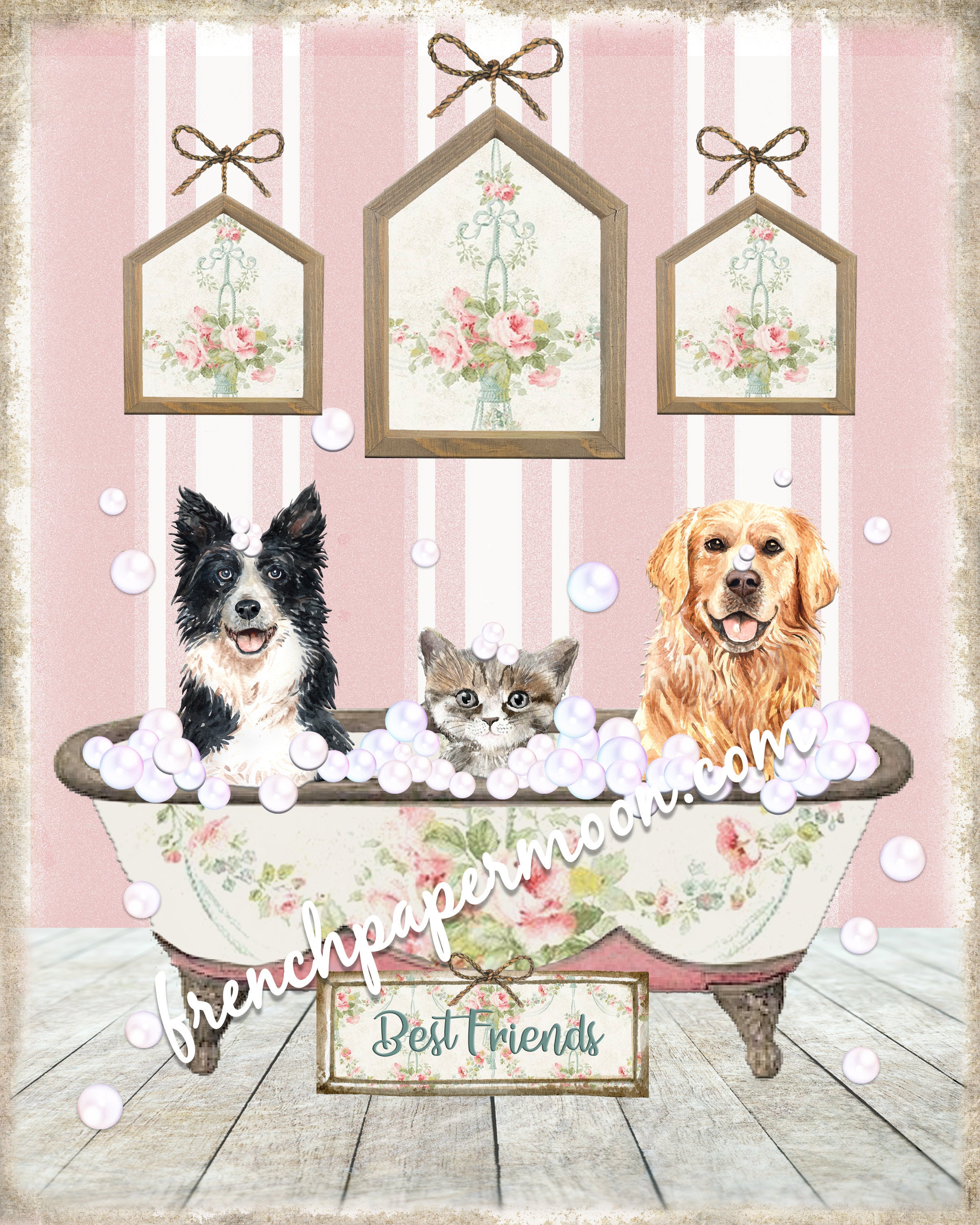 Bathtime Pets, Vintage Bathtub, Dogs, Cat, Bubble-Bath, Best Friends ...