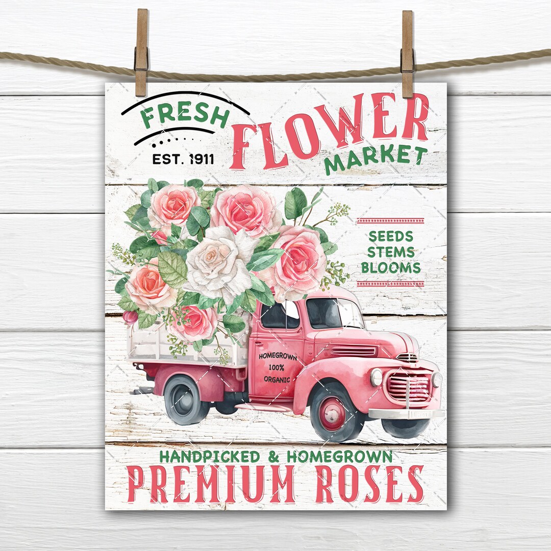 Pink Farmhouse Flower Market Retro Truck Spring Roses DIY Sign Making ...
